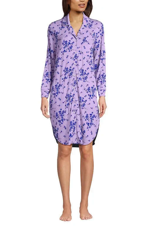 LANDS' END Cotton Poplin Long Sleeve Sleepshirt Nightgown - Lilac Petal Snow Drop Floral