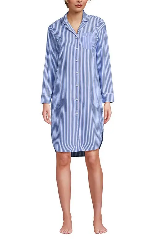 LANDS' END Cotton Poplin Long Sleeve Sleepshirt Nightgown - Muted Cobalt/pink Stripe