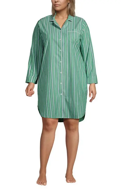 LANDS' END Cotton Poplin Long Sleeve Sleepshirt Nightgown - Vibrant Clover Multi Stripe