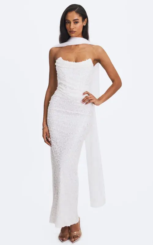 MISS CIRCLE Myra Beaded Mesh Strapless Maxi Dress