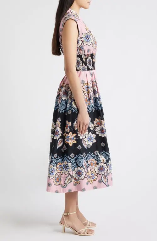 Vince Camuto Smocked Waist Stretch Cotton Midi Dress