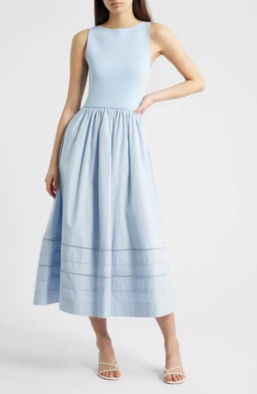 Moon River Sleeveless Mixed Media Midi Dress - Light Blue
