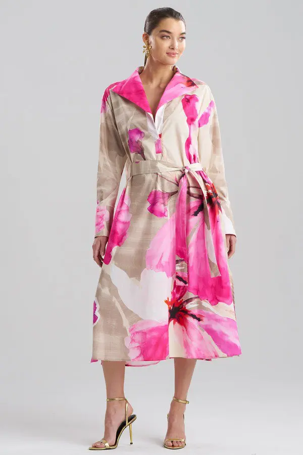 Natori Orchid Cotton Poplin Oversized Shirt Dress