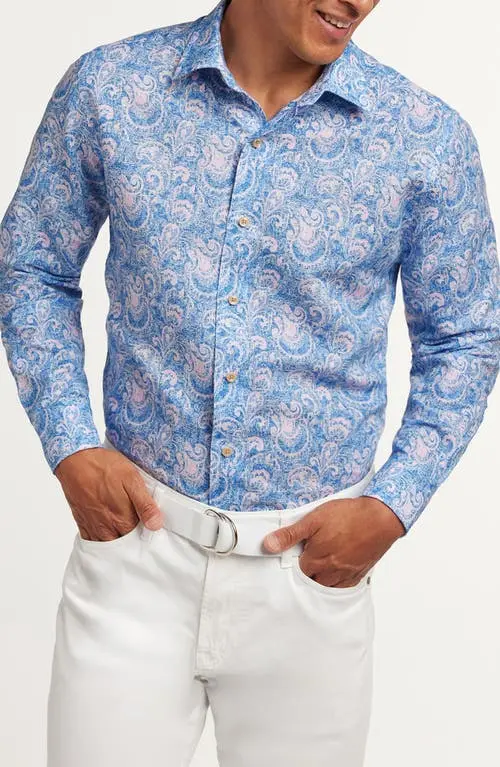 David Donahue Paisley Print Linen & Cotton Shirt - Navy/pink