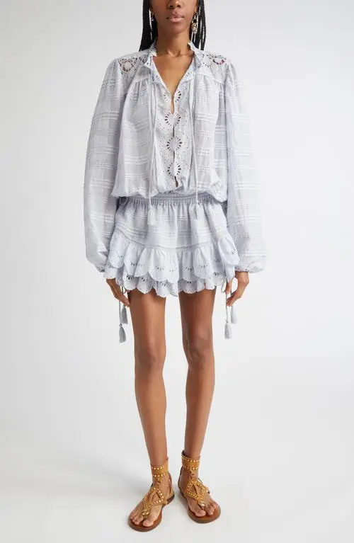 Isabel Marant Preya Eyelet Detail Long Sleeve Tiered Cotton Minidress - Light Blue