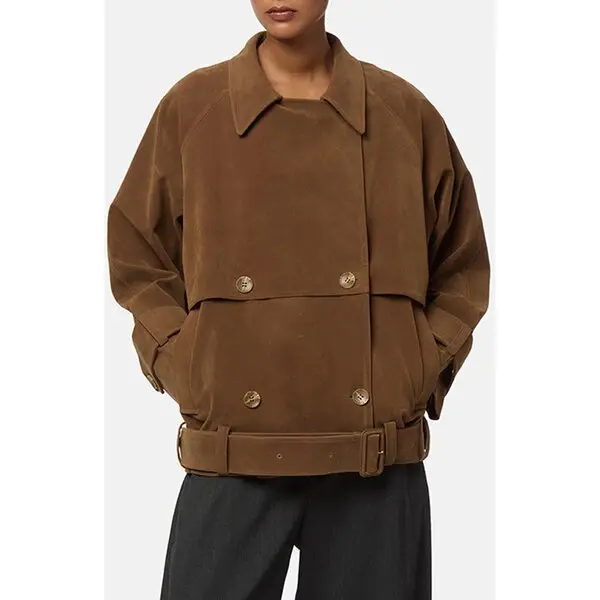 Apparis Faux Suede Short Trench Coat - Saddle Brown