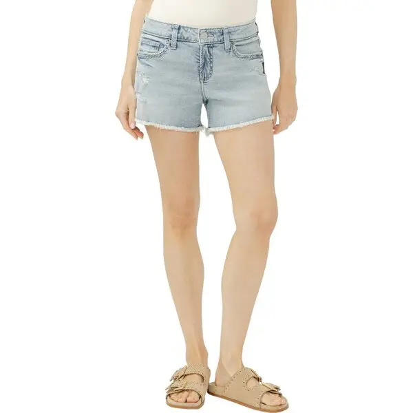 SILVER JEANS CO. Elyse Curvy Frayed Mid Rise Denim Shorts - Crystal Cove