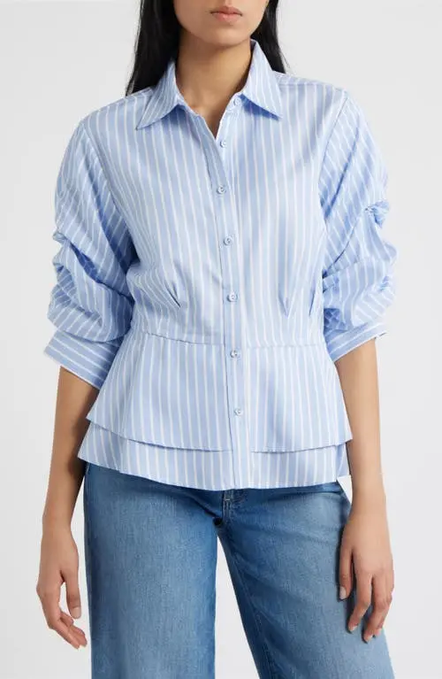 Wit & Wisdom Pinstripe Button-up Tiered Peplum Shirt - Oxford Blue/off White