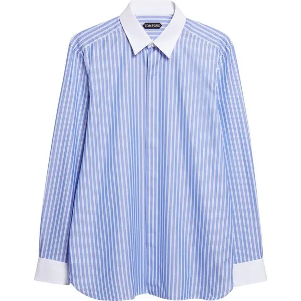 TOM FORD Classic Fit Contrast Collar Stripe Button-up Shirt - White/blue