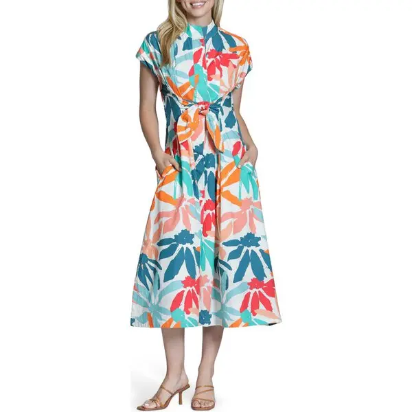 APNY Floral Tie Front Cotton Dress - Hot Coral Multi