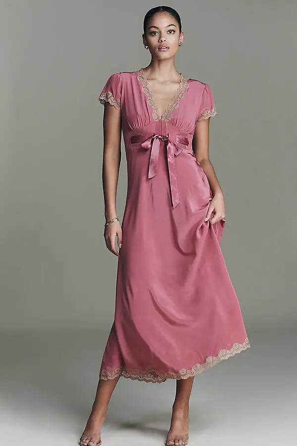 Rixo Marlice Silk V-neck Bow Maxi Dress - Mauve