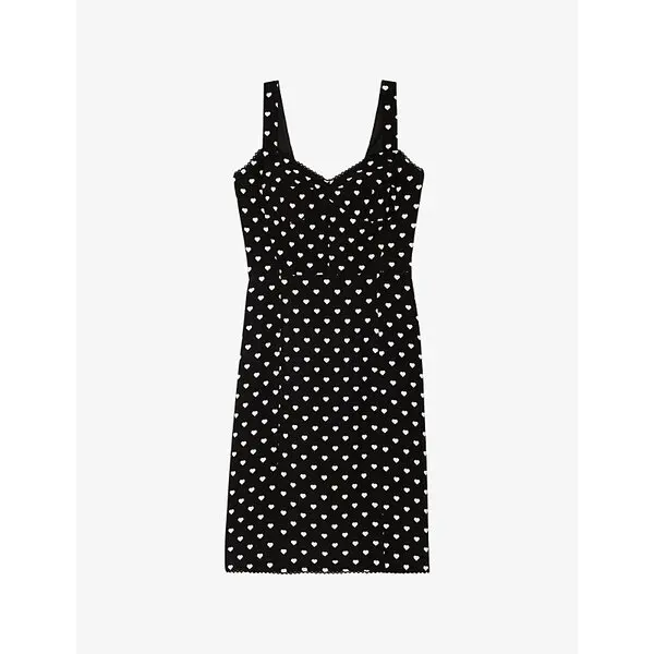 The Kooples V-neck Heart-print Woven Midi Dress - Black White