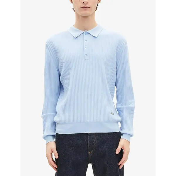 The Kooples Ribbed Logo-plaque Stretch-wool Blend Polo - Light Blue