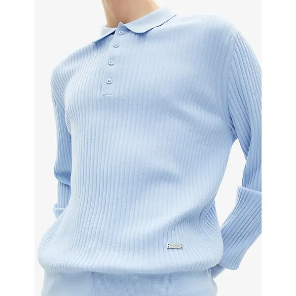 The Kooples Ribbed Logo-plaque Stretch-wool Blend Polo - Light Blue