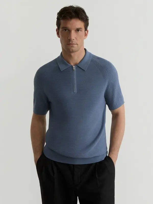 REISS Estate Textured-knit Half-zip Polo Shirt - Airforce Blue