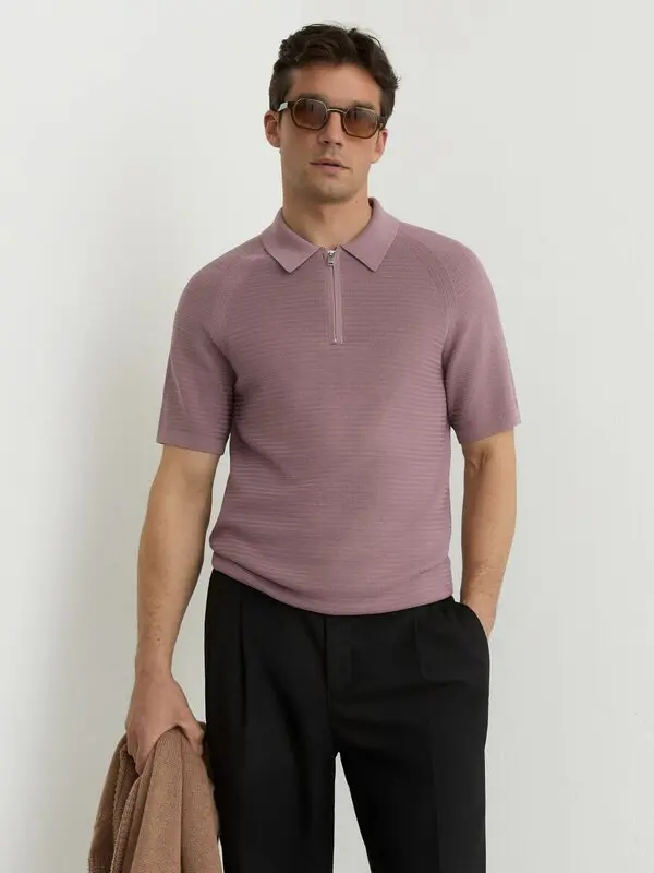 REISS Estate Textured-knit Half-zip Polo Shirt - Plum
