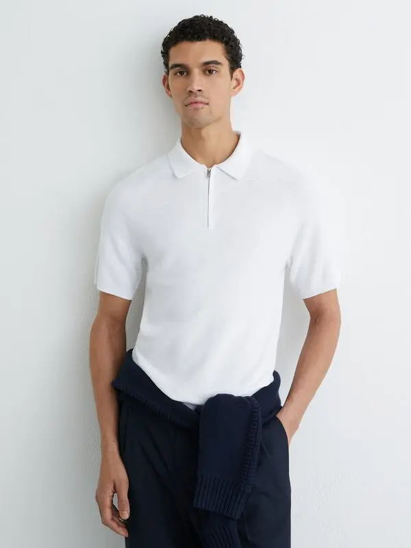 REISS Estate Textured-knit Half-zip Polo Shirt - White