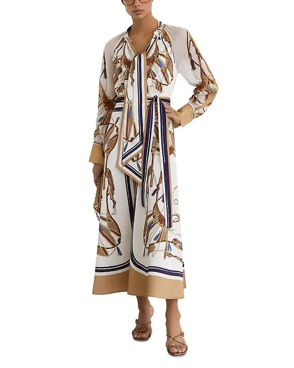REISS Ellie Placement Scarf Print Midi Dress - Ivory/neutral