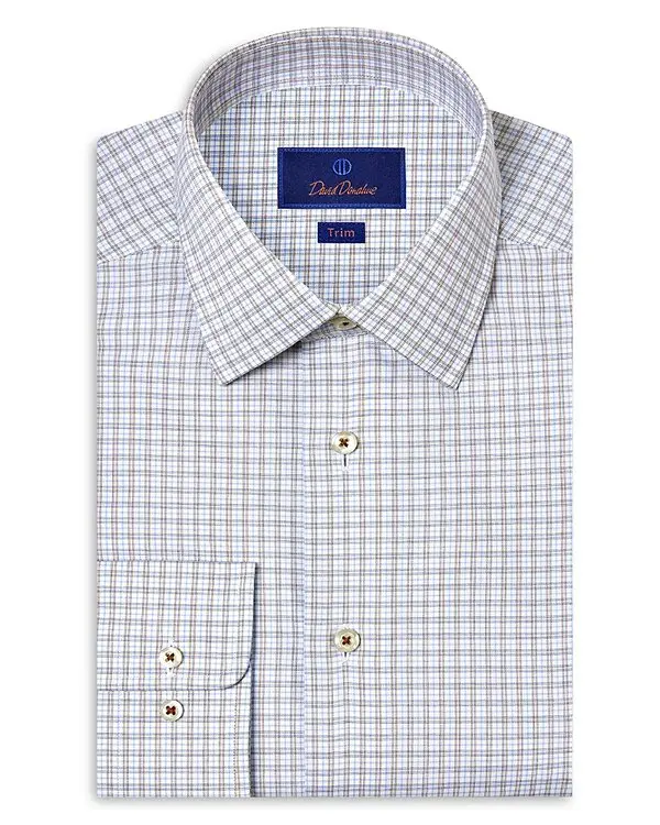 David Donahue Trim Fit Printed Twill Dress Shirt - Sky/ Chocolate