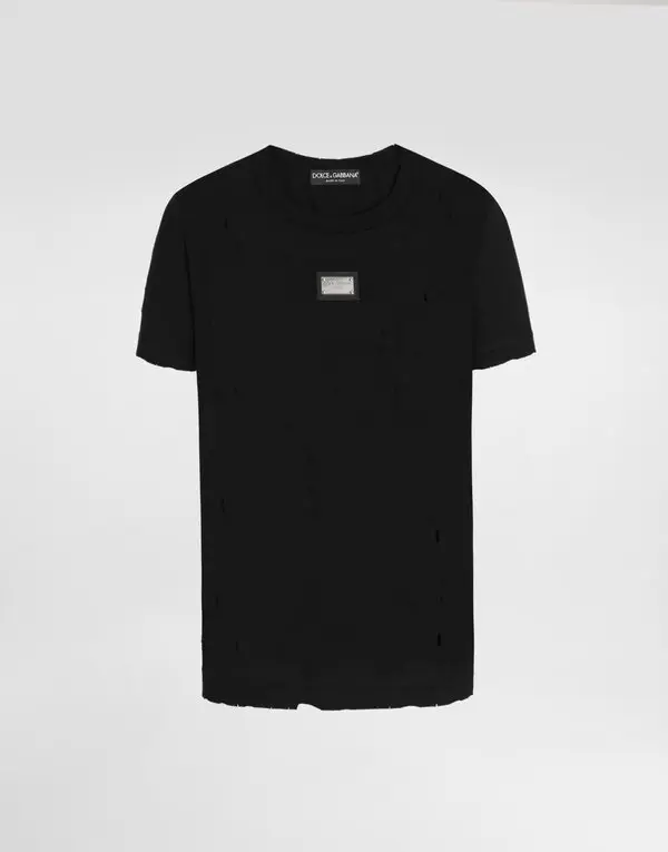 Dolce & Gabbana Jersey T-shirt With Rips And Tag - Black