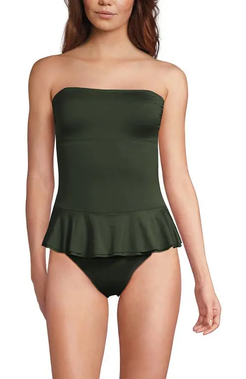 LANDS' END Sculpting Suit Ruffle Bandeau One-piece Swimsuit - Rich Olive Green