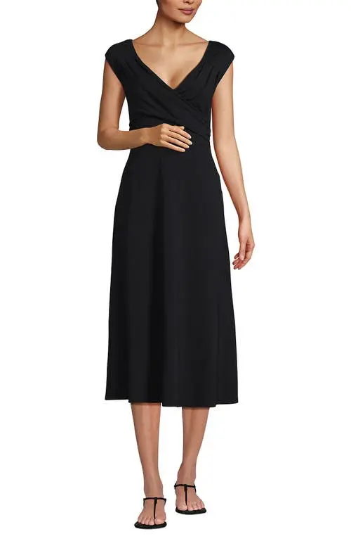 LANDS' END Cotton Modal Off The Shoulder Wrap Midi Dress - Black