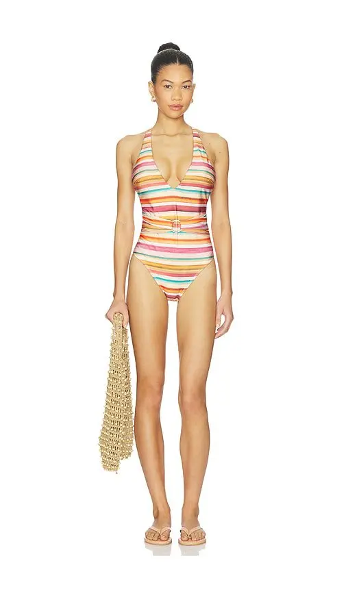 L'Agence Plunge One Piece In Peach,orange - Watercolor Stripe