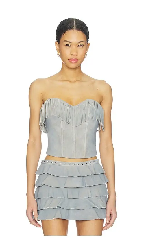 LAMARQUE X Gianni Fringed Suede Bustier Top In Slate - Distressed Blue
