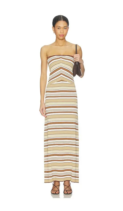 Minkpink Vela Strapless Knit Midi Dress In Beige - Chocolate & White Stripe