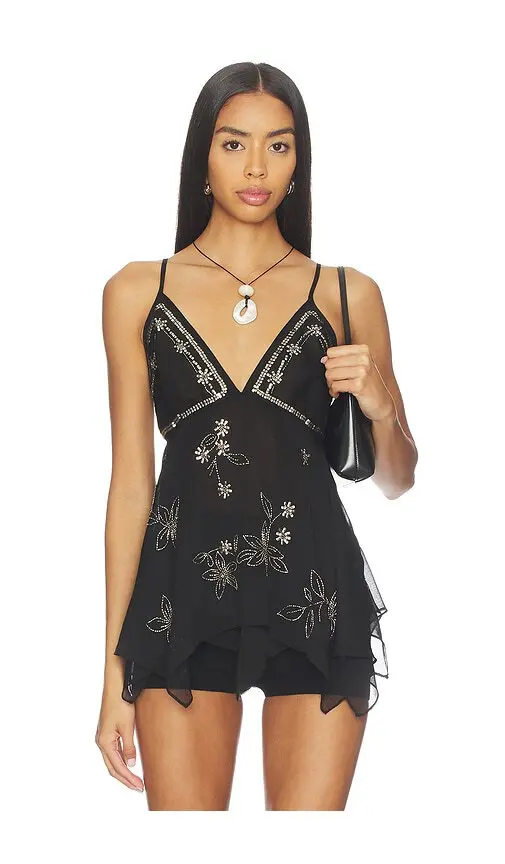 Free People Embellished V-neck Top With Tiered Hem - Black