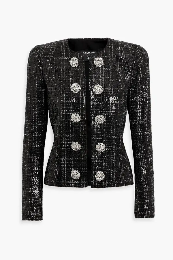 Balmain Sequinembellished Checked Tweed Jacket - Black