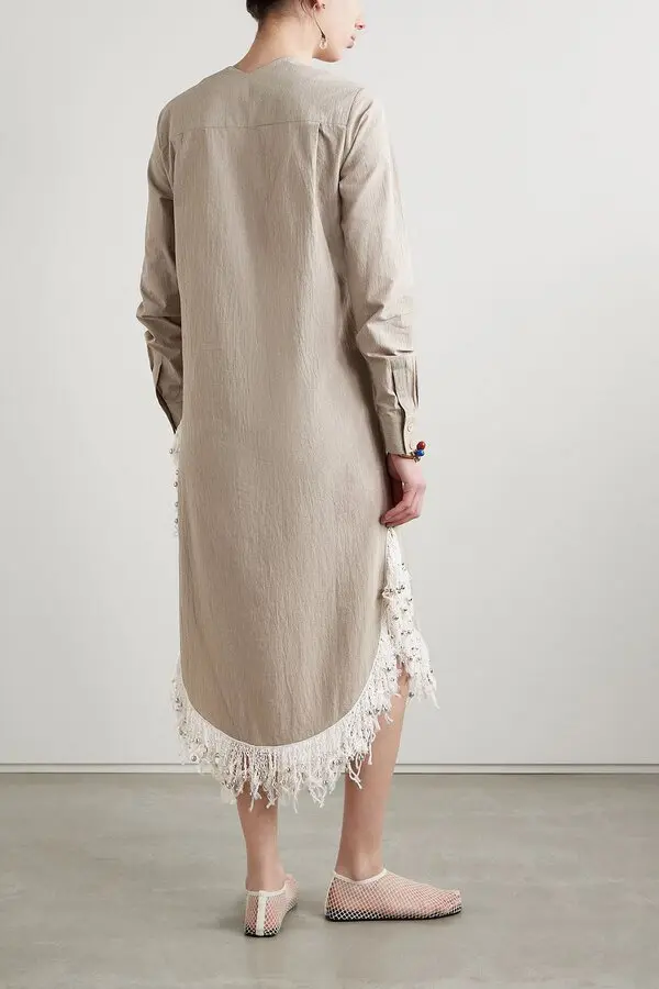 DIOTIMA Una Oversized Fringed Bead-embellished Checked Cotton Midi Dress
