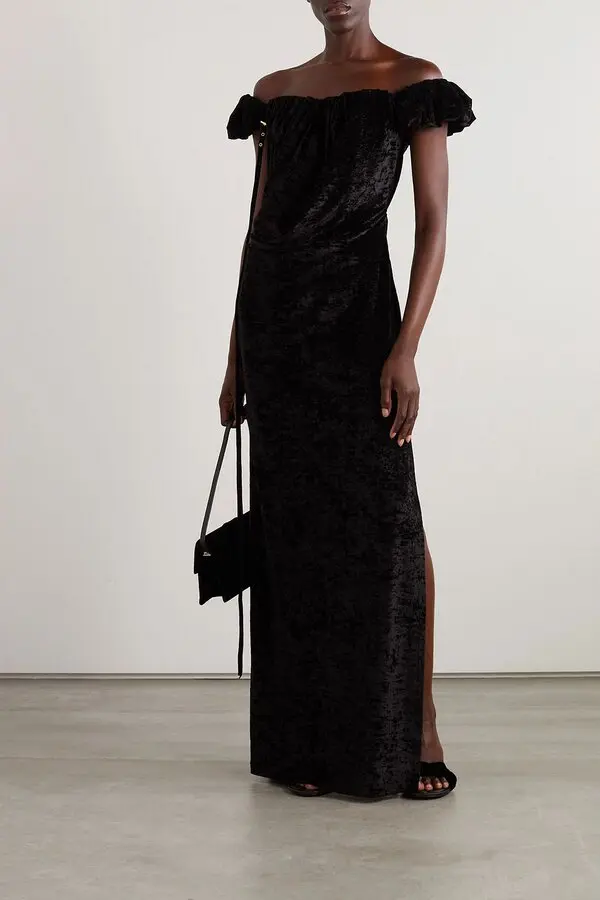 Jacquemus Off-The-Shoulder Embellished Stretch-Velour Gown - Black - 60%  Off | Editorialist