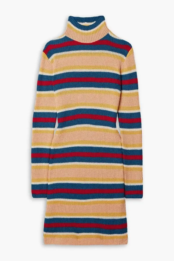 THE ELDER STATESMAN Striped Ribbed Cashmere Turtleneck Mini Dress