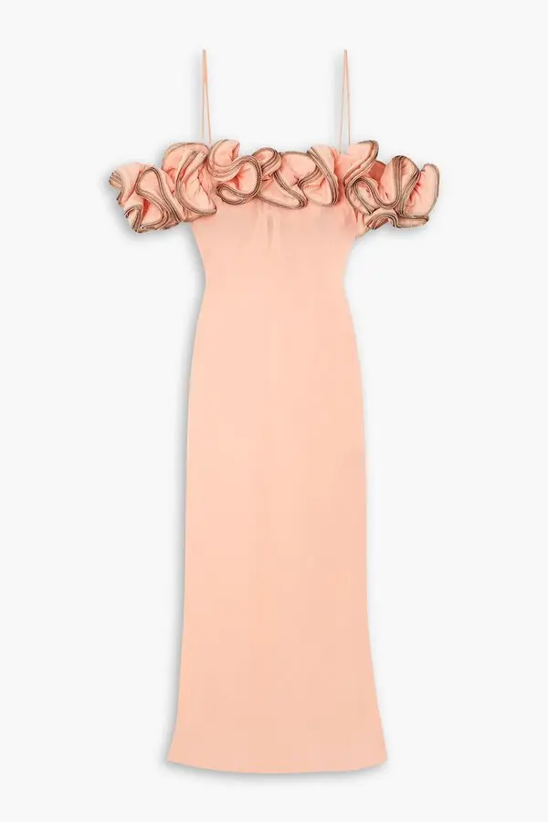 Coperni Offtheshoulder Zipembellished Ruffled Chiffon Midi Dress - Peach