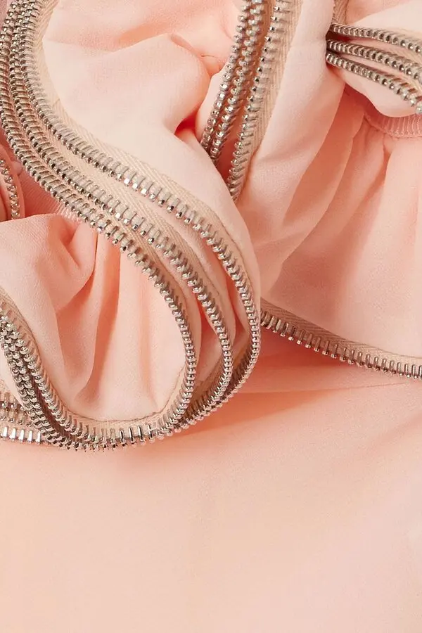 Coperni Off-the-shoulder Zip-embellished Ruffled Chiffon Midi Dress - Peach