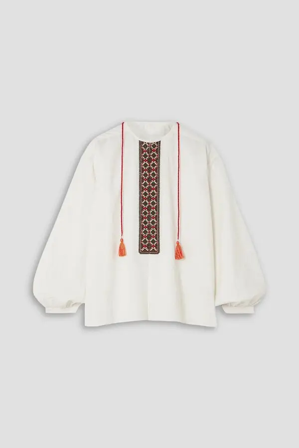 FORTELA Tasseled Embroidered Cotton Blouse - White