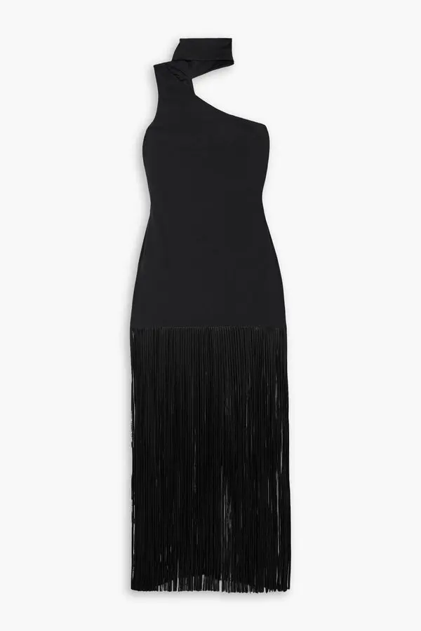 TALLER MARMO Atlanta Asymmetric Oneshoulder Fringed Crepe Gown - Black