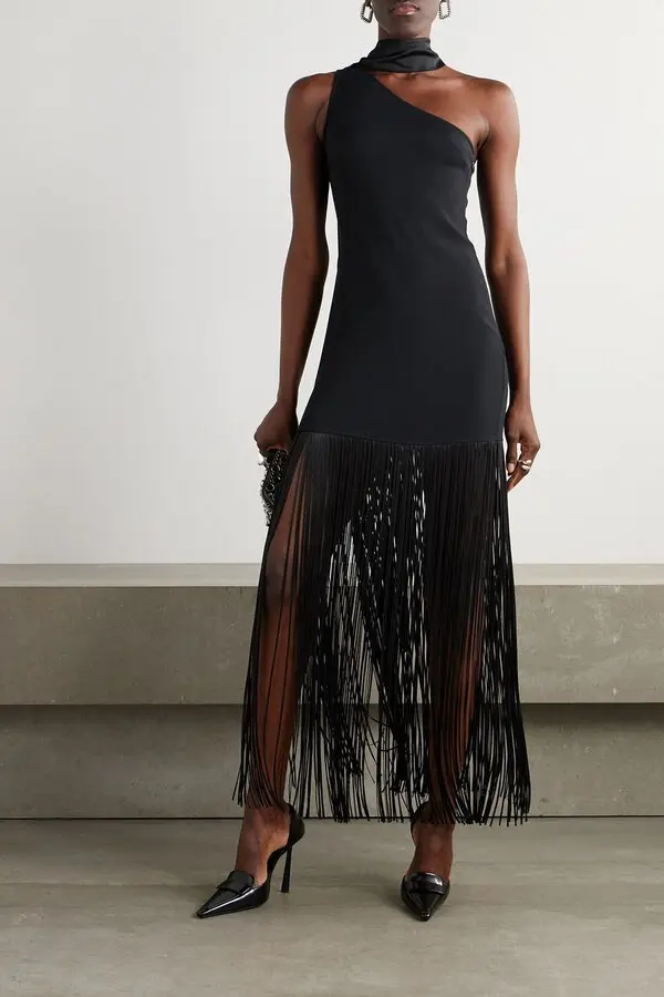 TALLER MARMO Atlanta Asymmetric One-shoulder Fringed Gown - Black