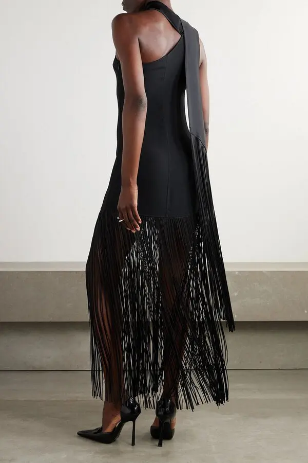 TALLER MARMO Atlanta Asymmetric One-shoulder Fringed Gown - Black