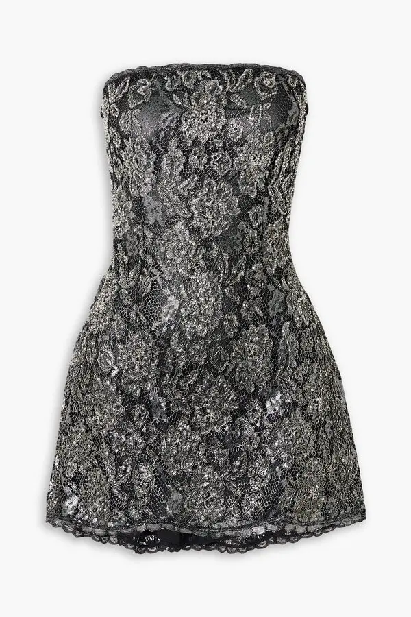 CLIO PEPPIATT Isla Strapless Embellished Metallic Guipure Lace Mini Dress - Gunmetal