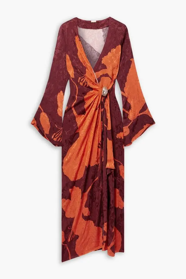 Johanna Ortiz Sanctuary For Dream Printed Satinjacquard Midi Wrap Dress - Burgundy