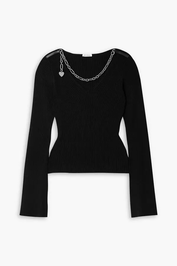 Acne Studios Chainembellished Leathertrimmed Ribbedknit Sweater