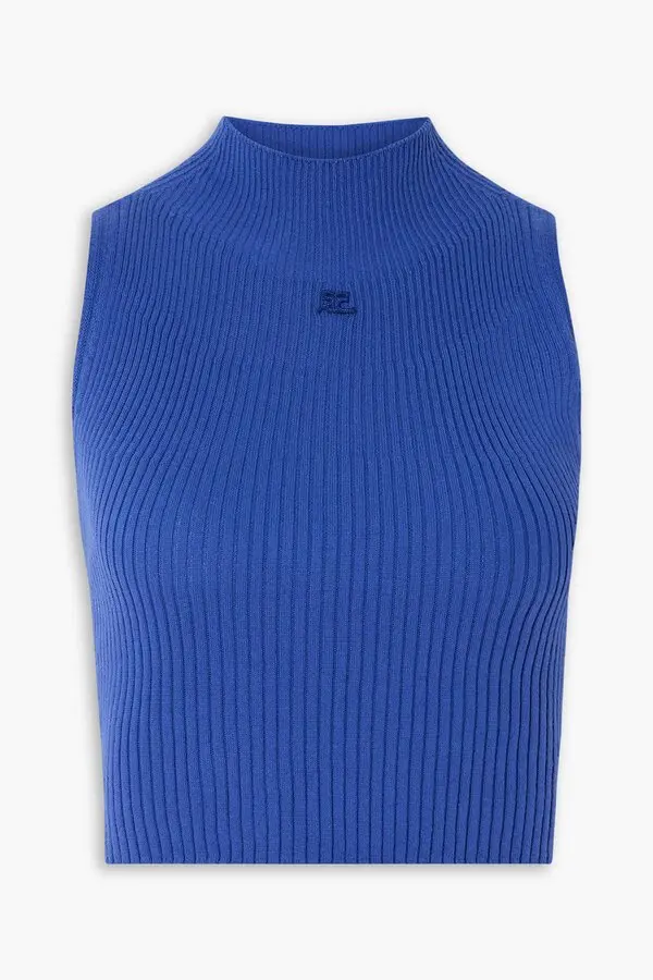 COURREGES Cropped Appliquéd Ribbed Cotton And Merino Woolblend Tank - Blue