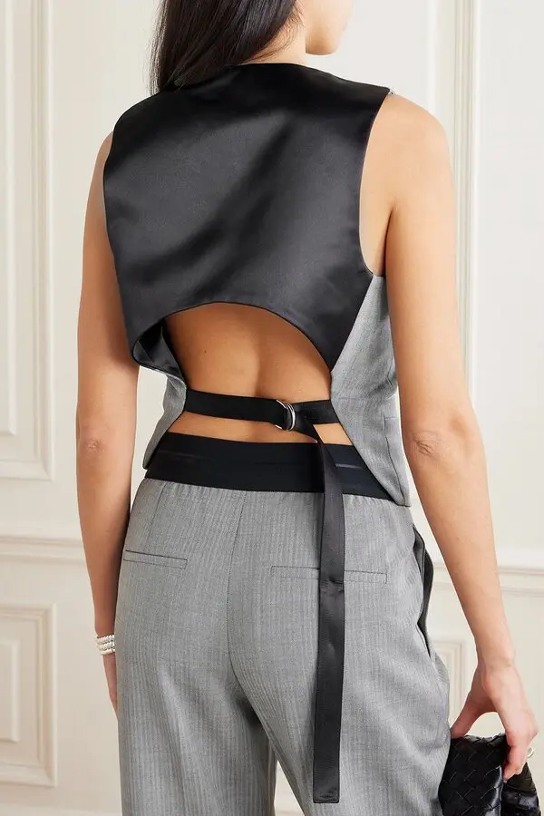 Helmut Lang Cutout Satin-paneled Herringbone Tweed Vest