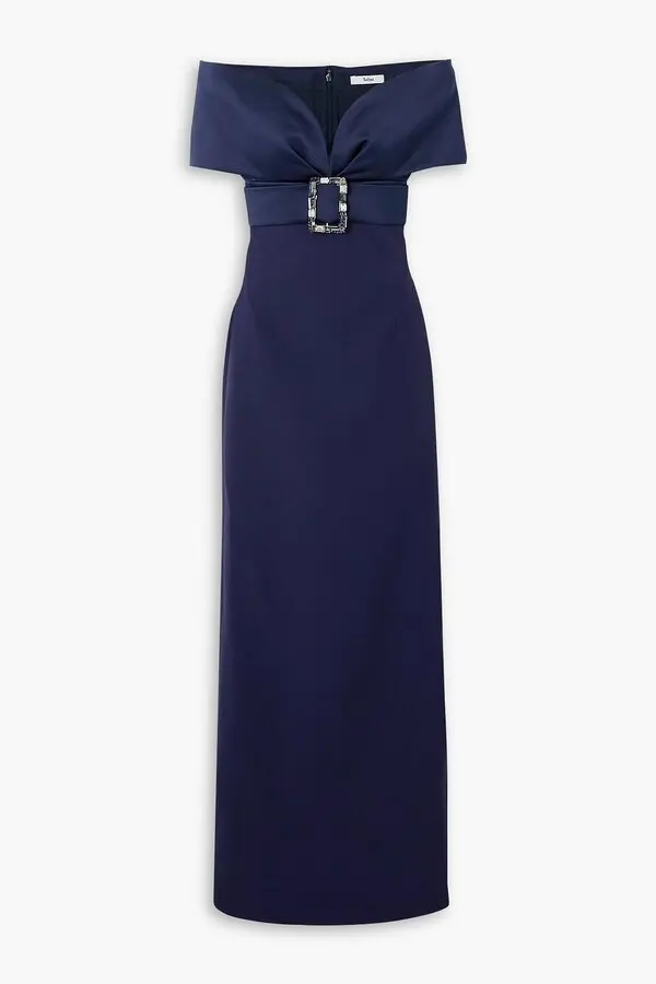 Safiyaa Offtheshoulder Crystalembellished Belted Crepe Gown - Navy