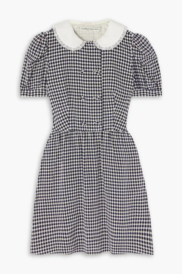 Alessandra Rich Lacetrimmed Gingham Silkcrepe Mini Dress - Navy
