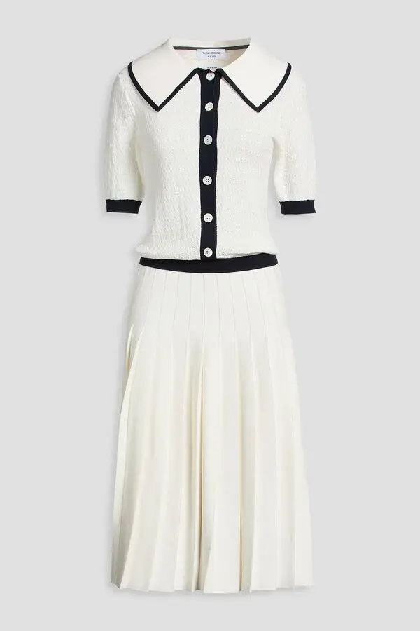 Thom Browne Pleated Crochetknit Midi Shirt Dress - Ivory