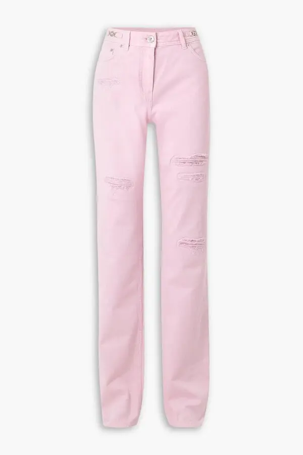 Versace Distressed Embellished Midrise Straightleg Jeans - Baby Pink