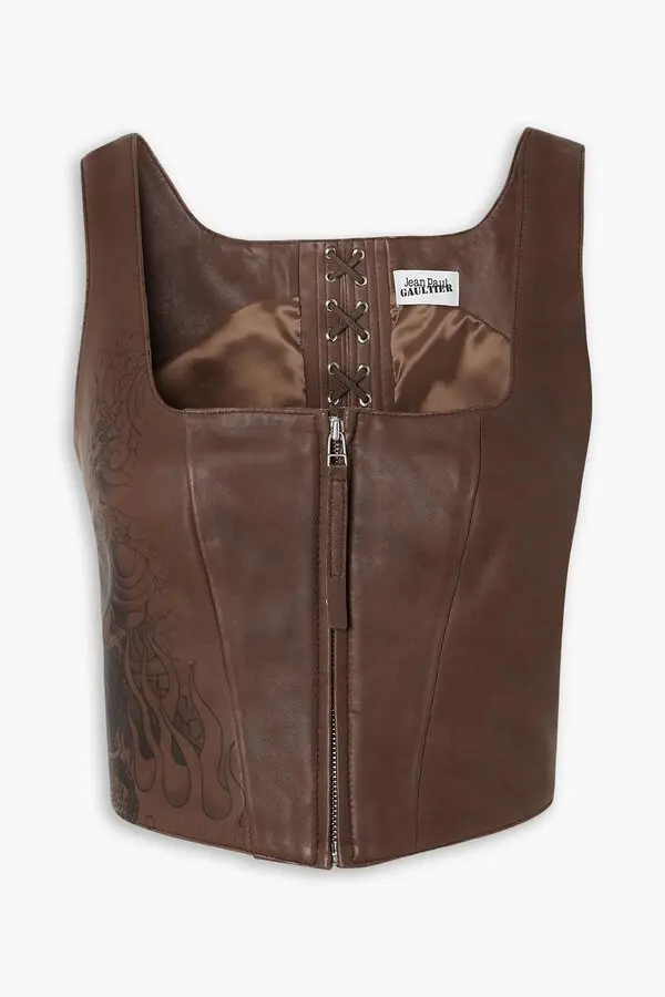 JEAN PAUL GAULTIER Cropped Laceup Printed Leather Bustier Top - Chocolate
